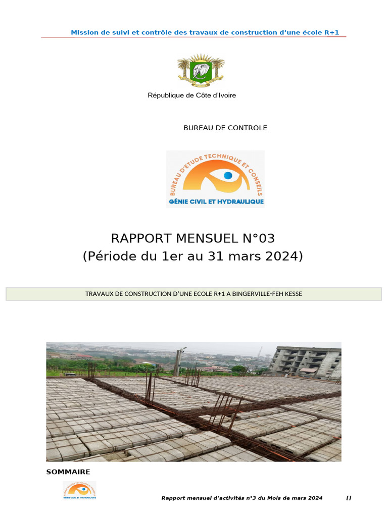 Rapport Mensuel N°3 BAT PART MARS.2024 | PDF | Ingénierie des structures | Matériaux de construction