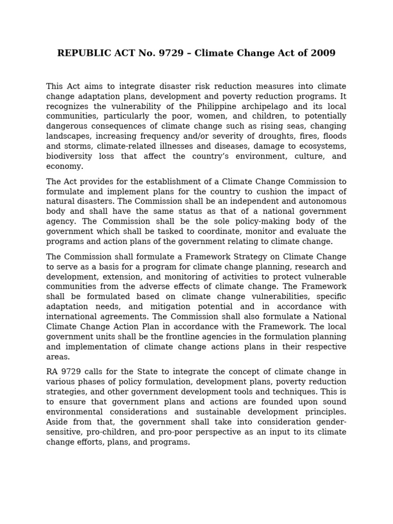 RA 9729 - Climate Change Act | PDF | Climate Change | Climate Change ...