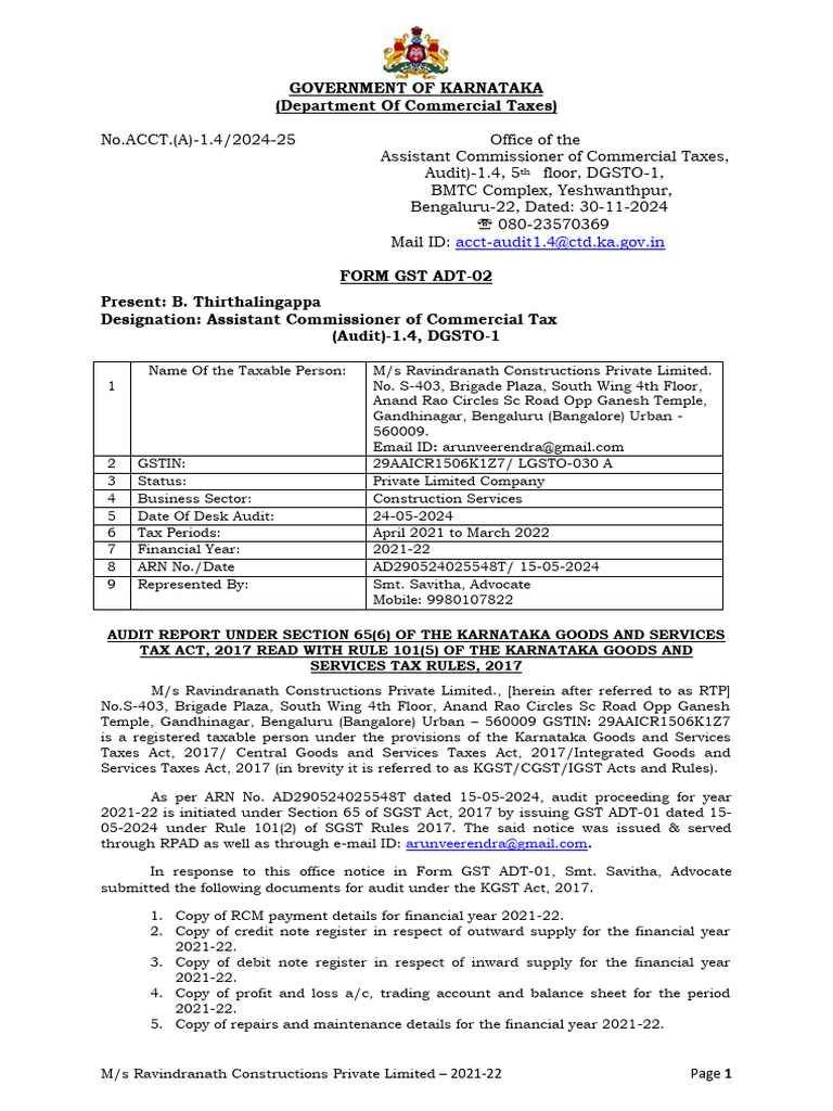 Ravindranath Construction ADT-02 2021-22 Final | PDF | Value Added Tax ...