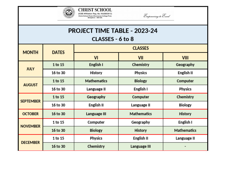 Project Timetable - 6 To 8 - 2023-24 | PDF