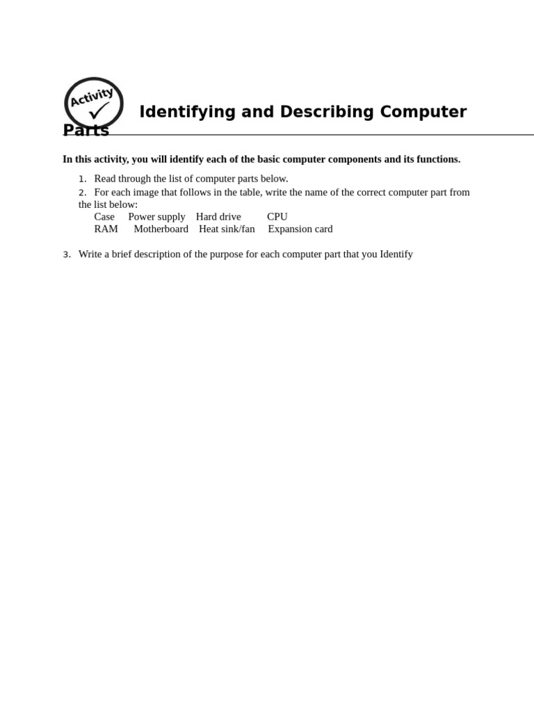 Identifying and Describing Computer Parts Activity-1 | PDF