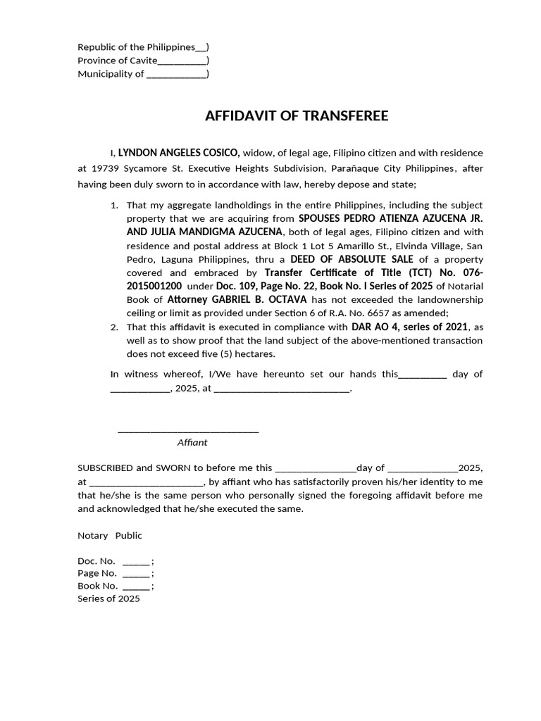 Affidavit of Transferee | PDF