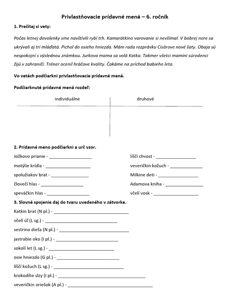 SJL Privlastnovacie Pridavne Mena - 6. Rocnik - Prima | PDF