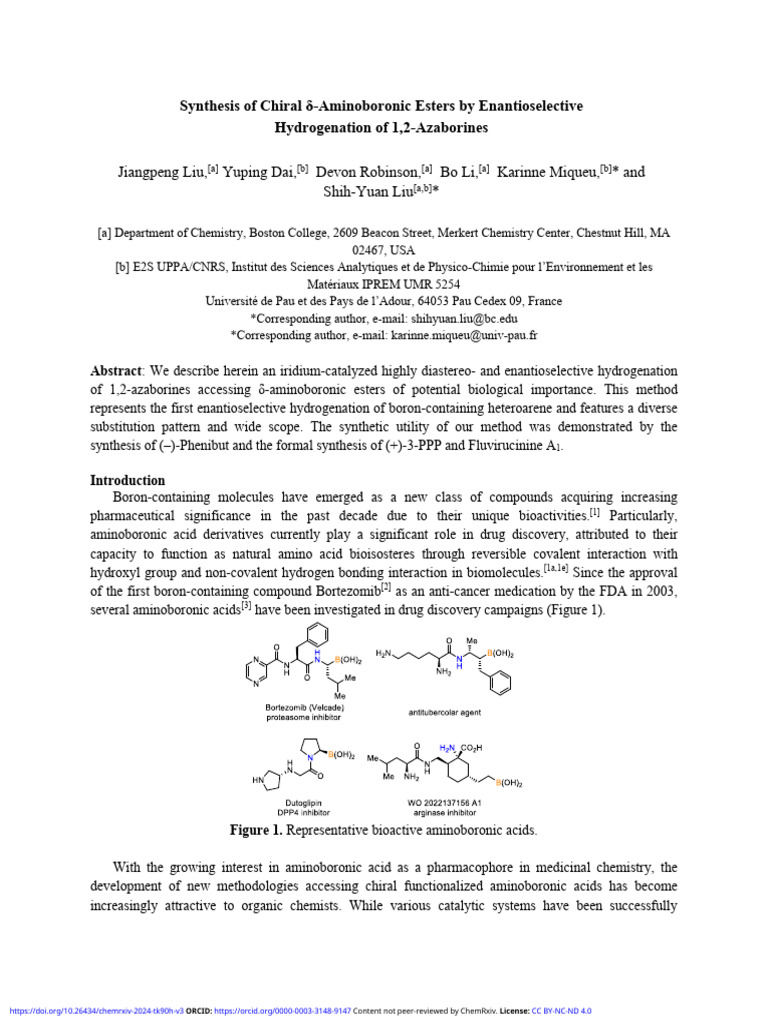 Synthesis of Chiral Aminoboronic Esters by Enantioselective Hydrogenation of 1 2 Azaborines ...