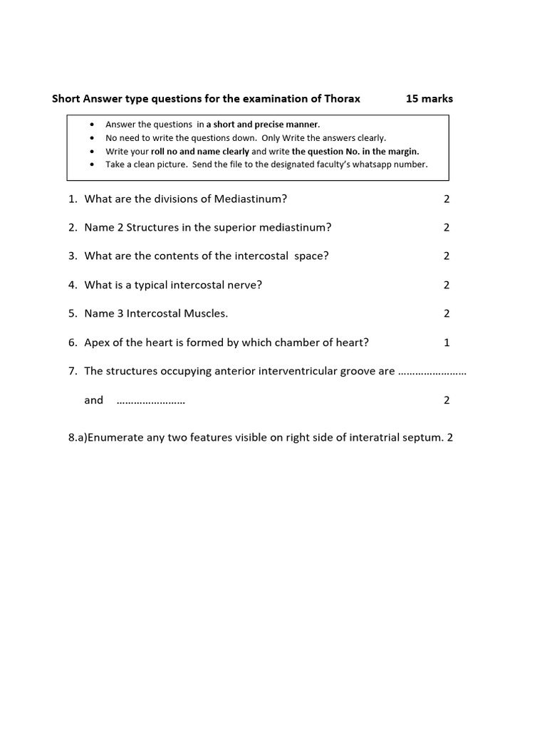 Short Answer Type Questions For The Examination of Thorax 15 Marks ...