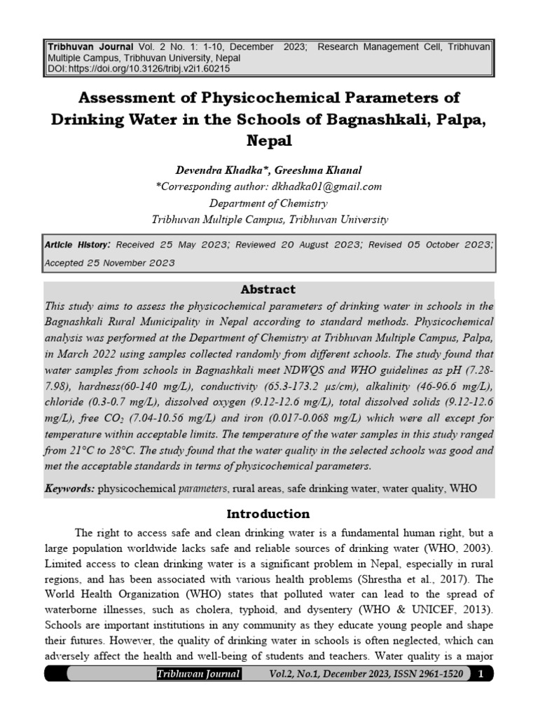 Assessment of Physicochemical Parameters of Drinking Water in The ...
