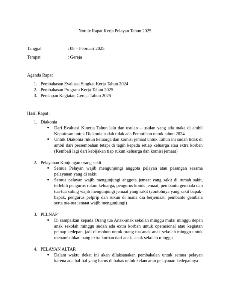 Notule Rapat Kerja Pelayan Tahun 2025 | PDF