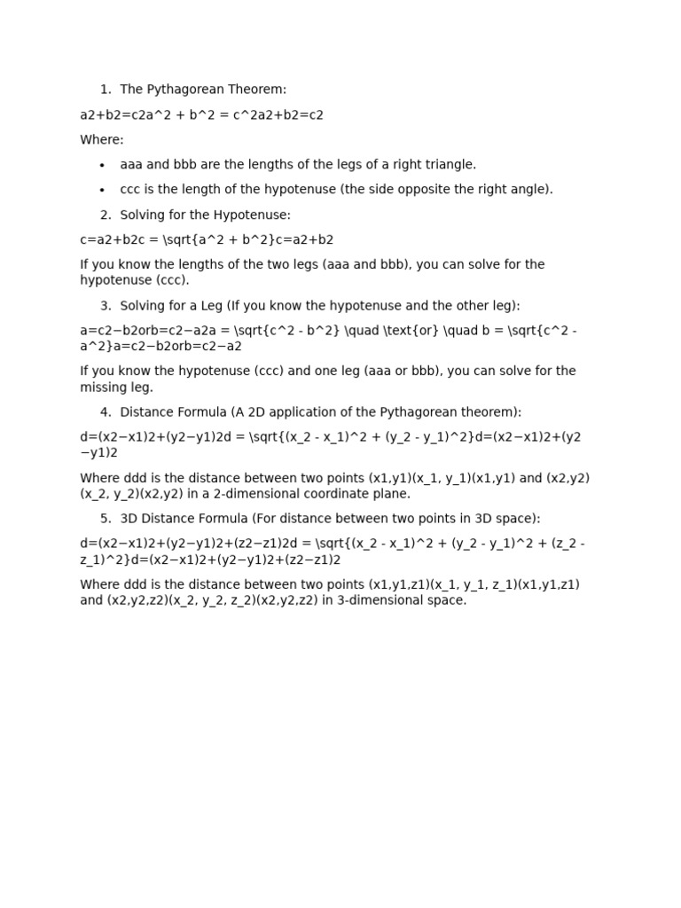Pythagorean Theorem and Distance Formulas | PDF