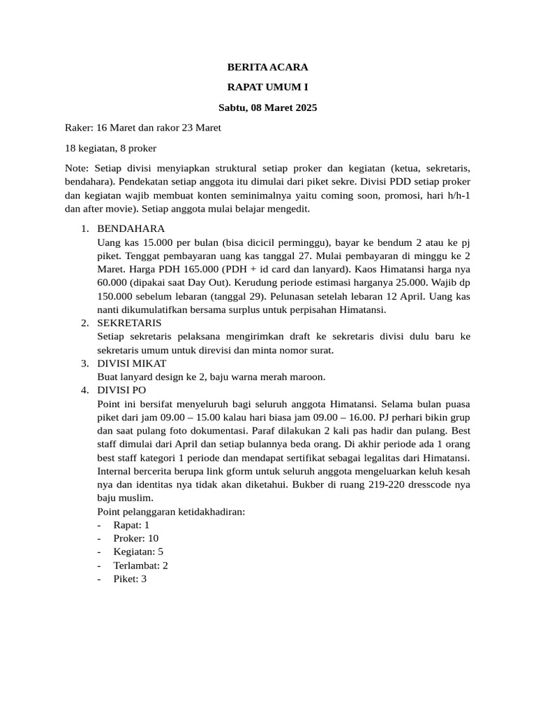 Berita Acara Rapat Umum I | PDF