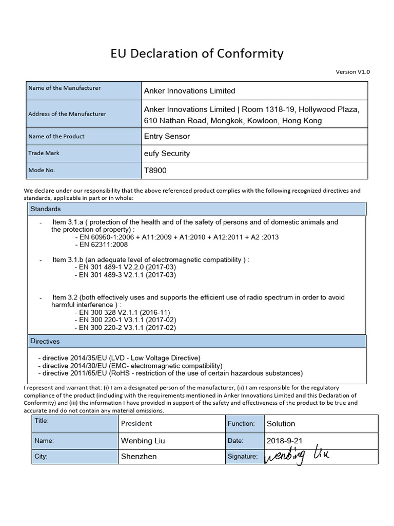 EU Declaration of Conformity for Entry Sensor | PDF | Electromagnetic ...