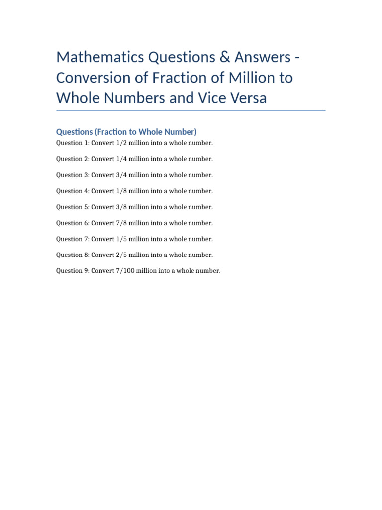 Mathematics Questions and Answers Fraction To Whole and Vice Versa ...
