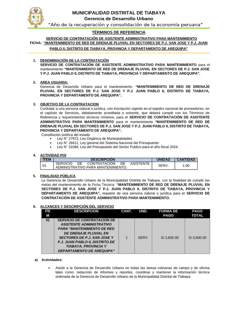 TDR - Asistente Administración 2025 | PDF | Presupuesto