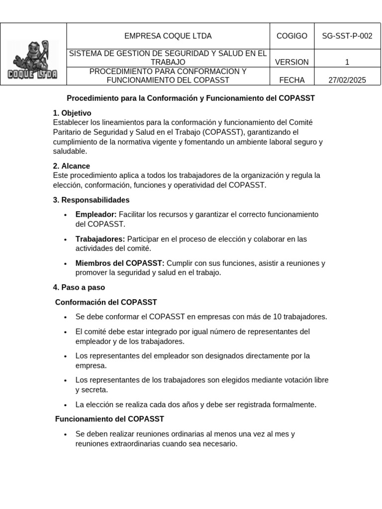 SG-SST-P-002 Procedimiento para la Conformación y Funcionamiento del COPASST | PDF | Seguridad y ...