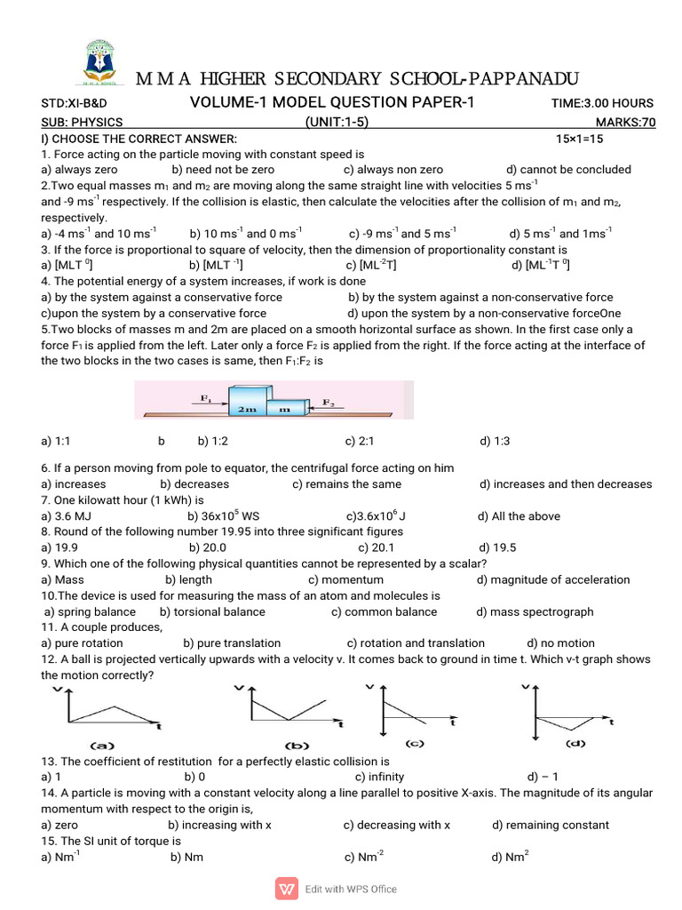 Namma Kalvi 11th Physics Volume 1 Model Question Paper EM 221346 | PDF ...