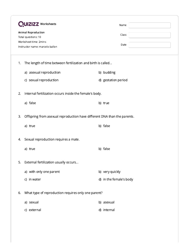 Animal Reproduction Worksheets Quiz | PDF