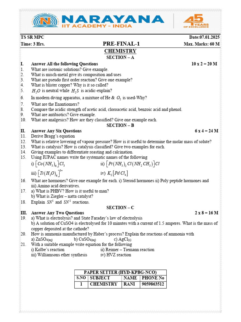 Ts SR MPC Chemistry Pre Final-1 Ipe Question Paper Set-1 07-01-2025 | PDF | Ammonia | Catalysis