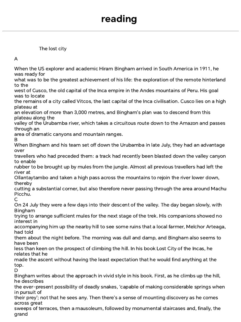 Reading | PDF | Machu Picchu