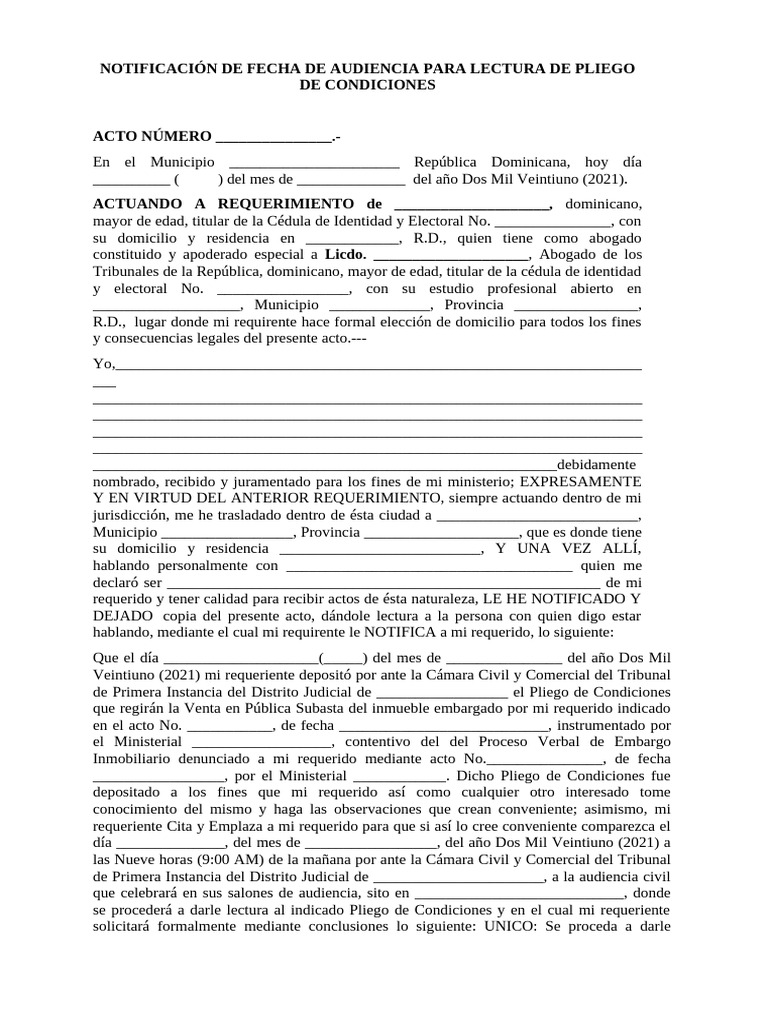 Modelo de Notificación de Fecha de Audiencia para Lectura de Pliego de Condiciones | PDF ...