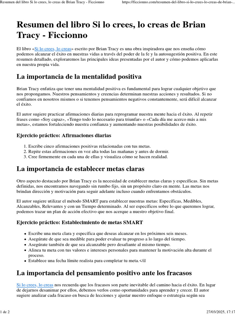 Resumen Del Libro Si Lo Crees, Lo Creas de Brian Tracy - Ficcionno | PDF | Motivación | Motivacional