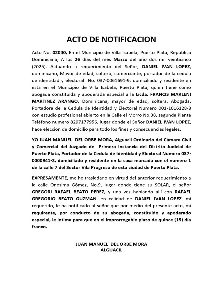 Notificacion Del Señor Gregori Rafael Beato Perez 2 | PDF