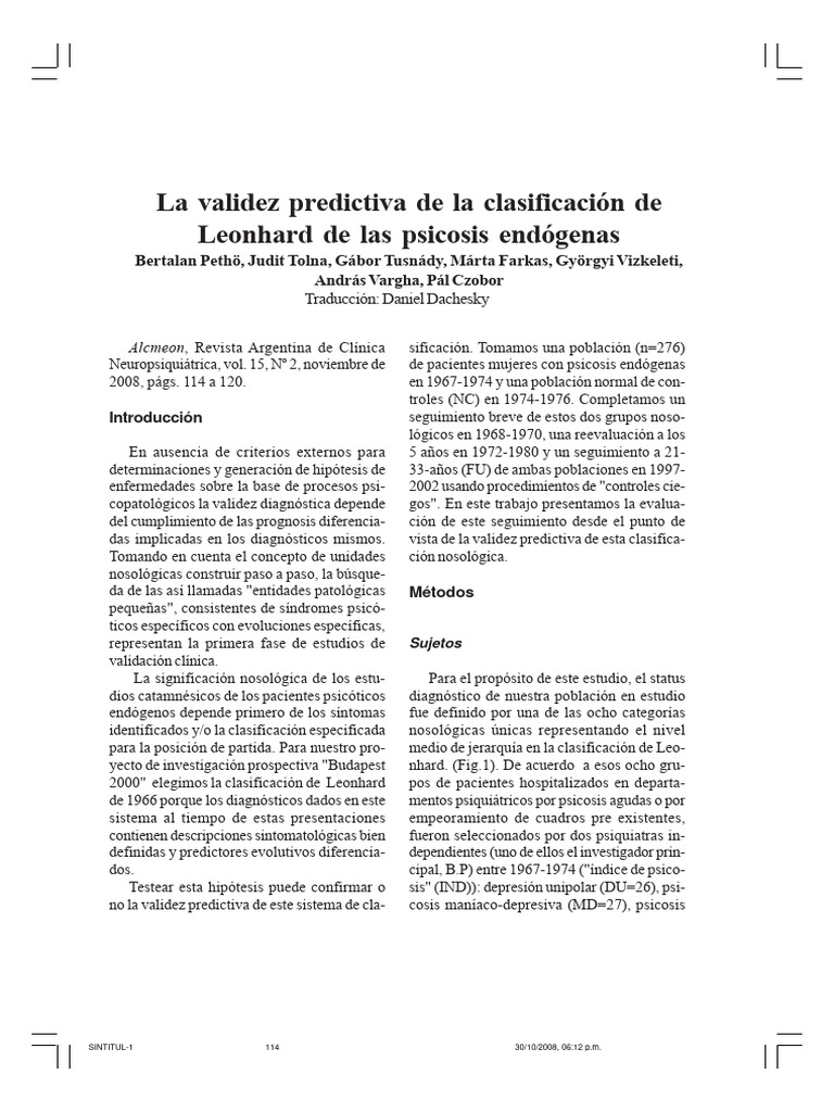 Validez predictiva de la clasificación de Leonhard | PDF | Psicosis ...