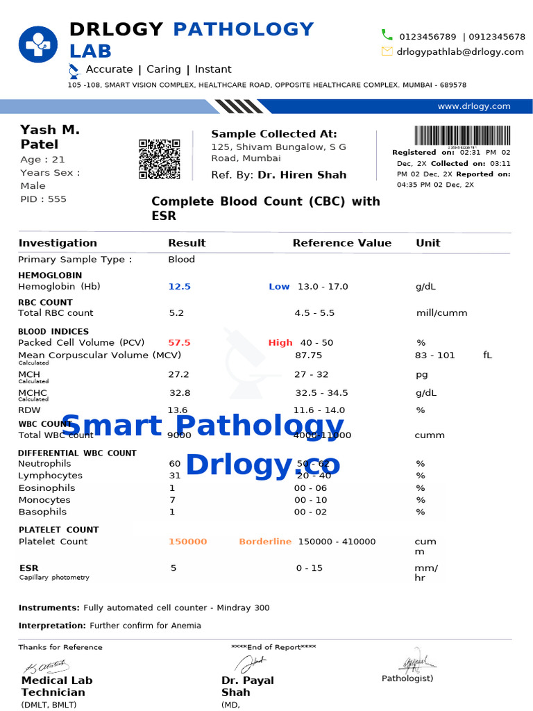 CBC With ESR Test Report Format Example Sample Template Drlogy Lab ...
