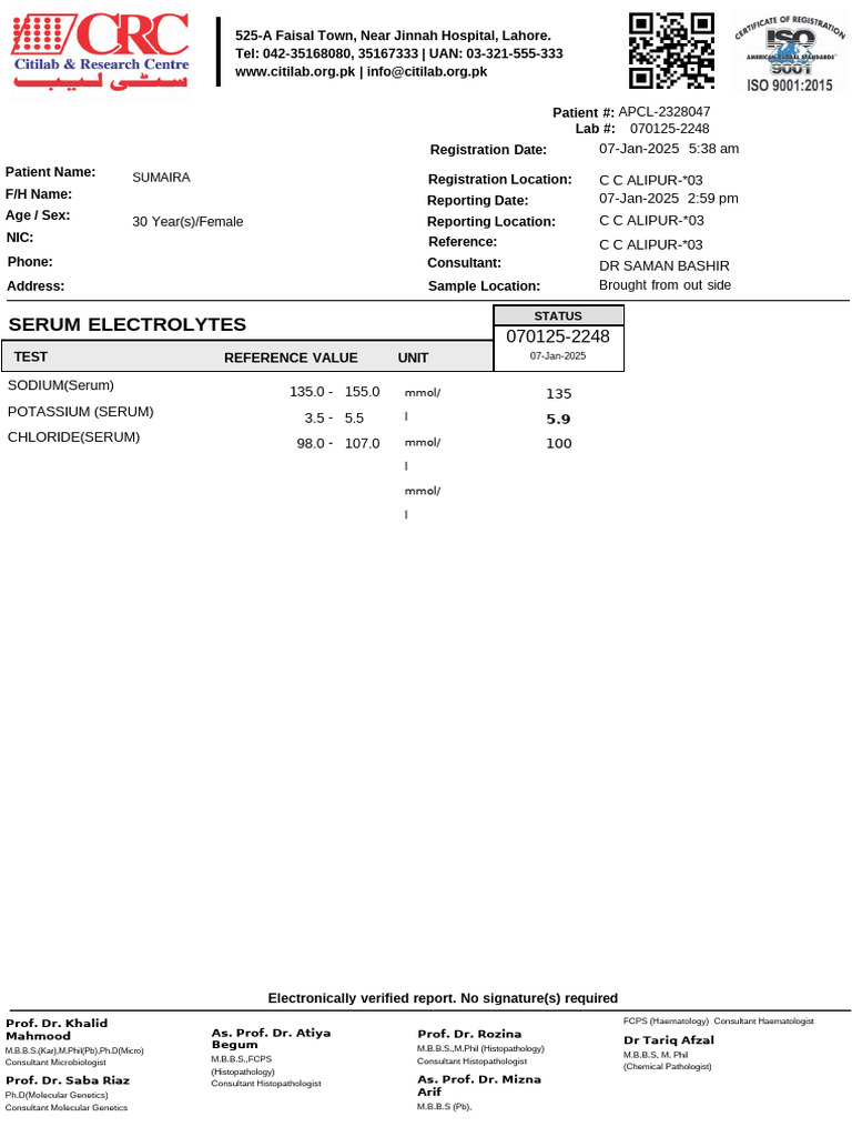 Serum Electrolytes Test Report for Sumaira | PDF | Life Sciences | Medicine