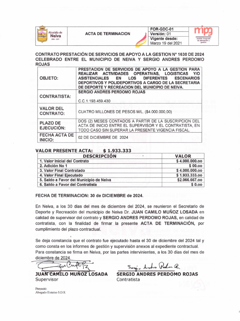 ACTA DE TERMINACION SERGIO PERDOMO | PDF