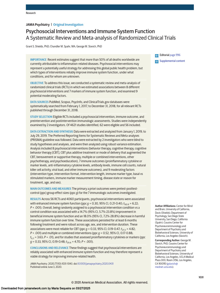 Psychosocial Interventions and Immune System Function | PDF | Meta ...