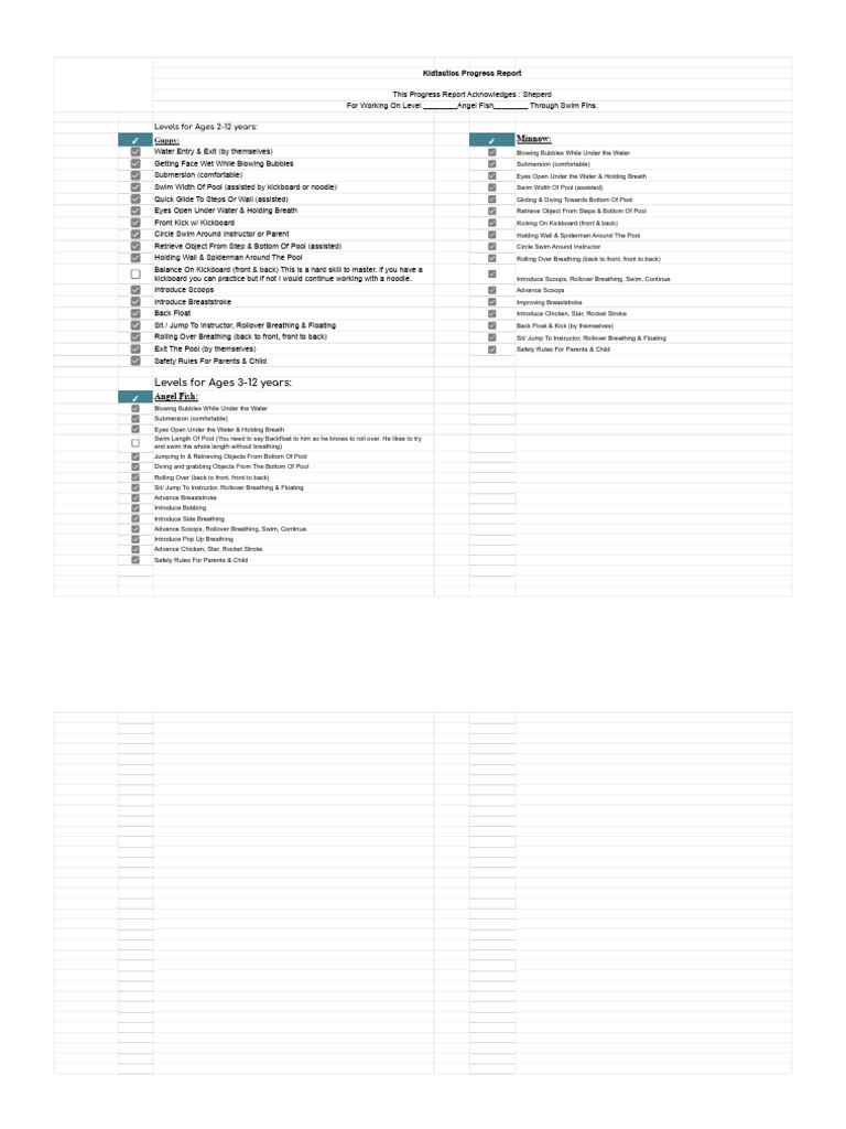Kidtastics Swim Progress Report | PDF | Swimming | Water Sports
