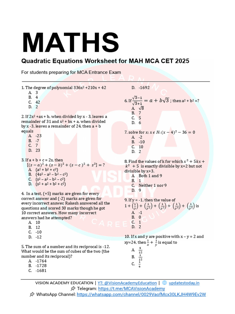 Quadratic Equations MCQ | PDF | Numerical Analysis | Equations