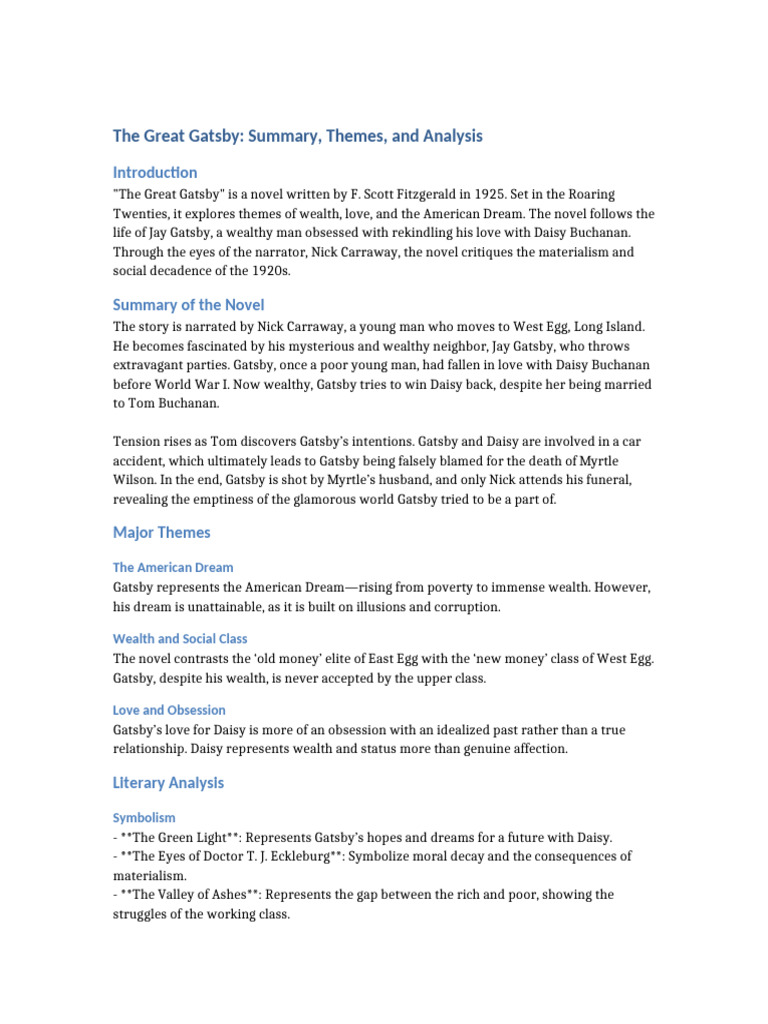 Gatsby: Themes and Analysis Overview | PDF | The Great Gatsby | Novels