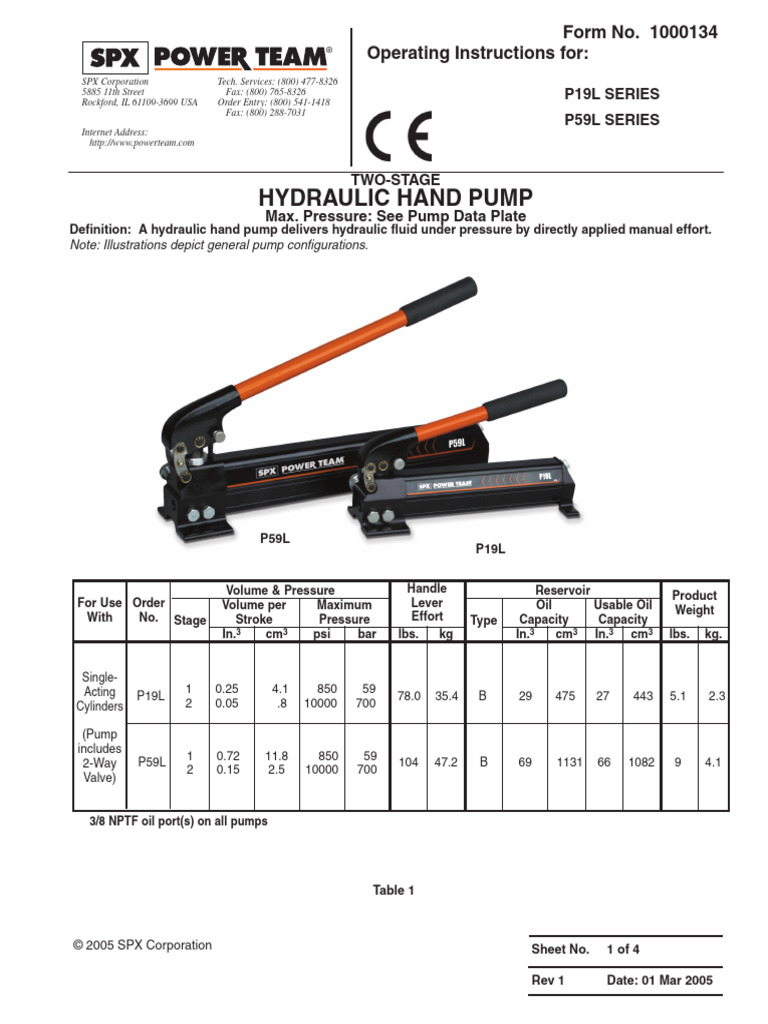 Bedienungsanleitung SPX PowerTeam Handpumpe P19L P59L | PDF | Pump ...