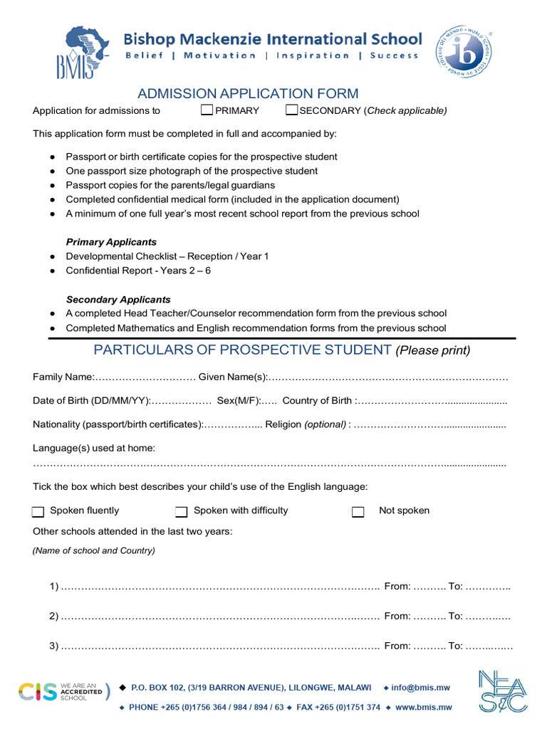Admission Application for BMIS Malawi | PDF | Curriculum | Fee