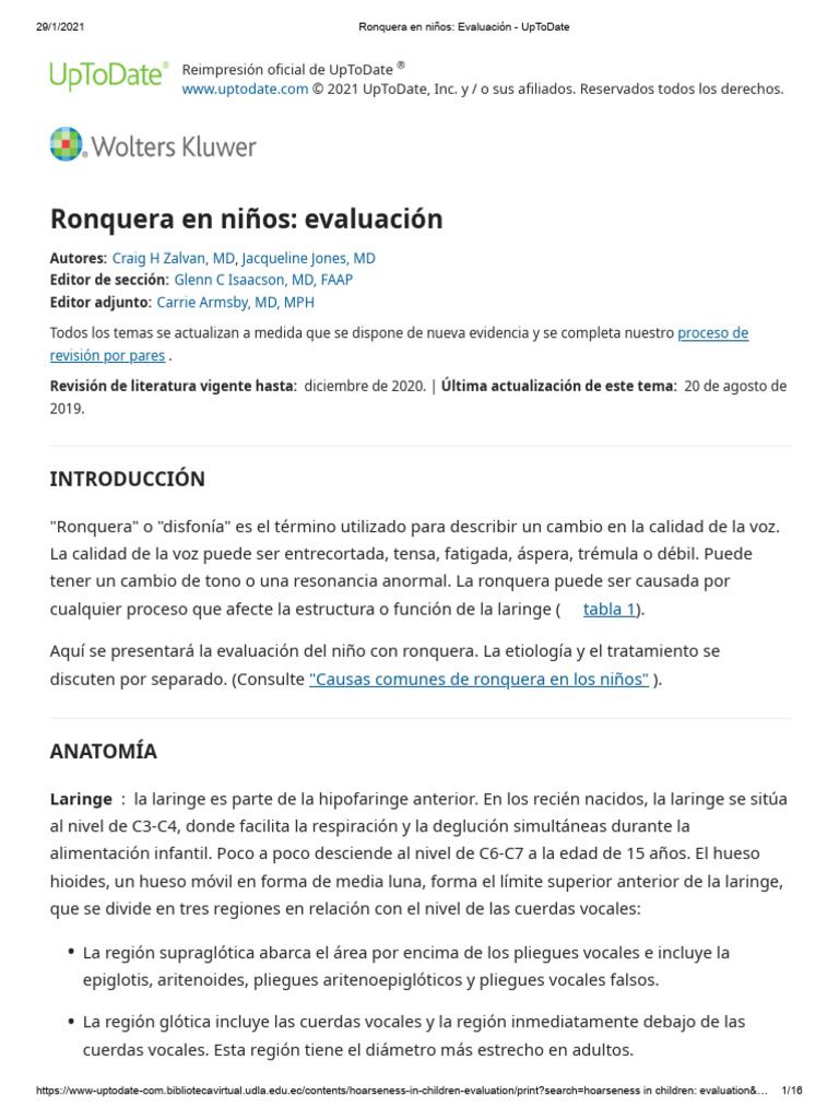 Ronquera en Niños - Evaluación - UpToDate | PDF | Laringe | Cabeza y ...