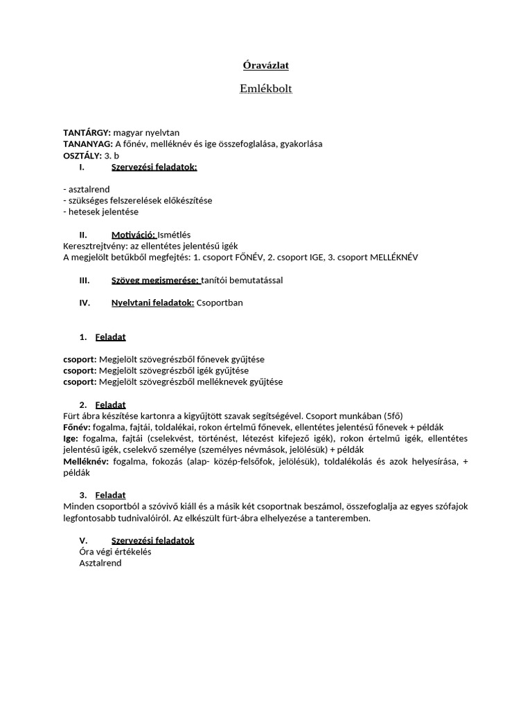 Emlékbolt Óravázlat Farkas Katalin Bfűzfő Irinyi | PDF