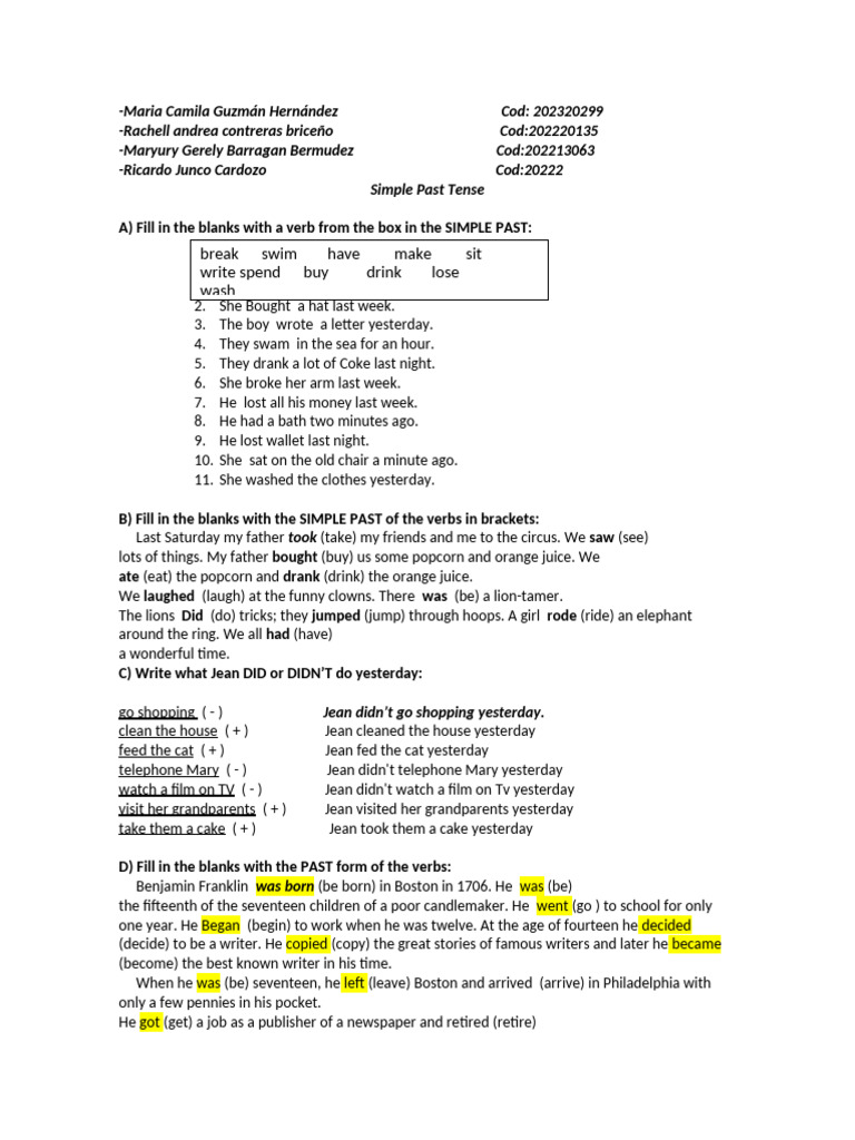 Simple Past Tense Worksheet PDF | PDF