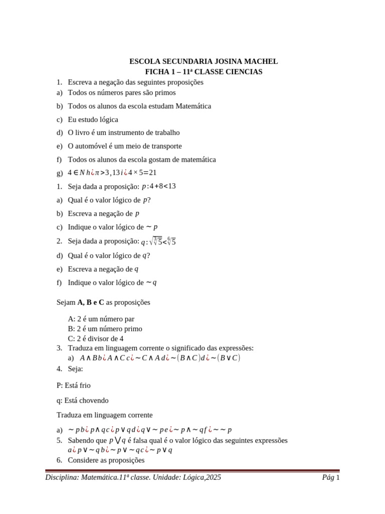 Logica - Exercicios 11 Classe-2024 - 122539 | PDF | Lógica matemática | Sintaxe (lógica)