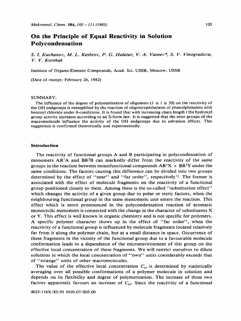 Die Makromolekulare Chemie - January 1983 - Kuchanov - On The Principle of Equal Reactivity in ...