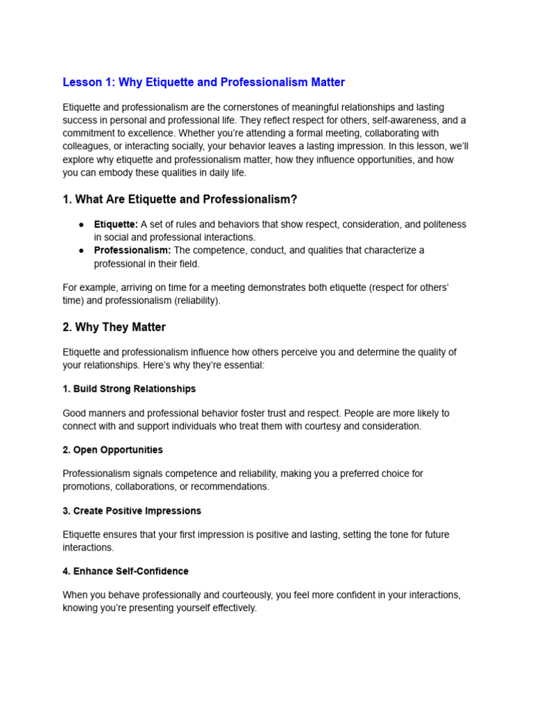 4 Lessons of Etiquette Personal Behavior and Professionalism | PDF ...