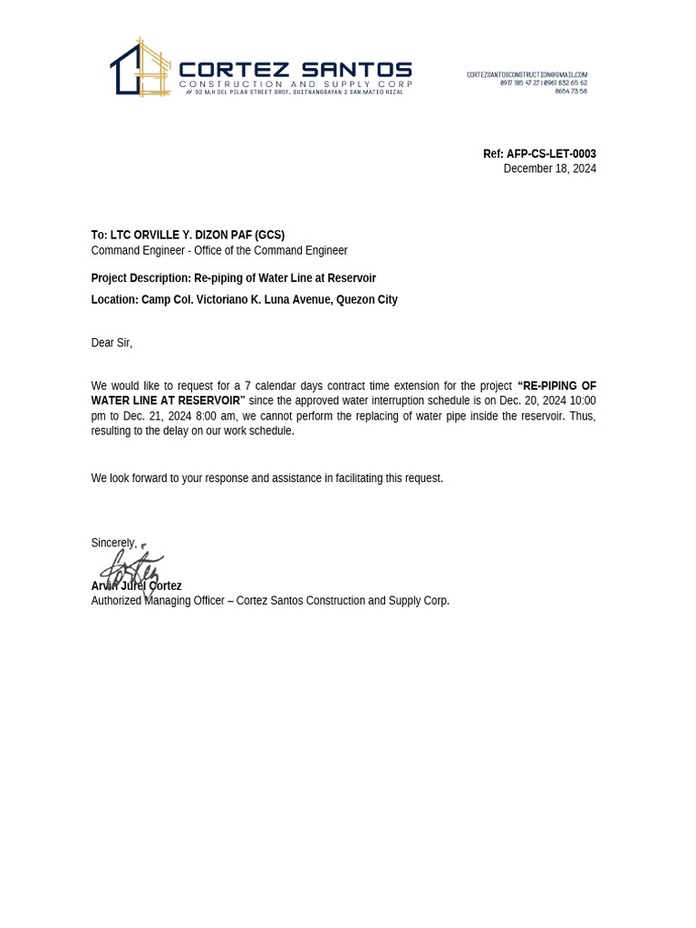 AFP-CS-LET-0001 - Request For Contract Time Extension | PDF