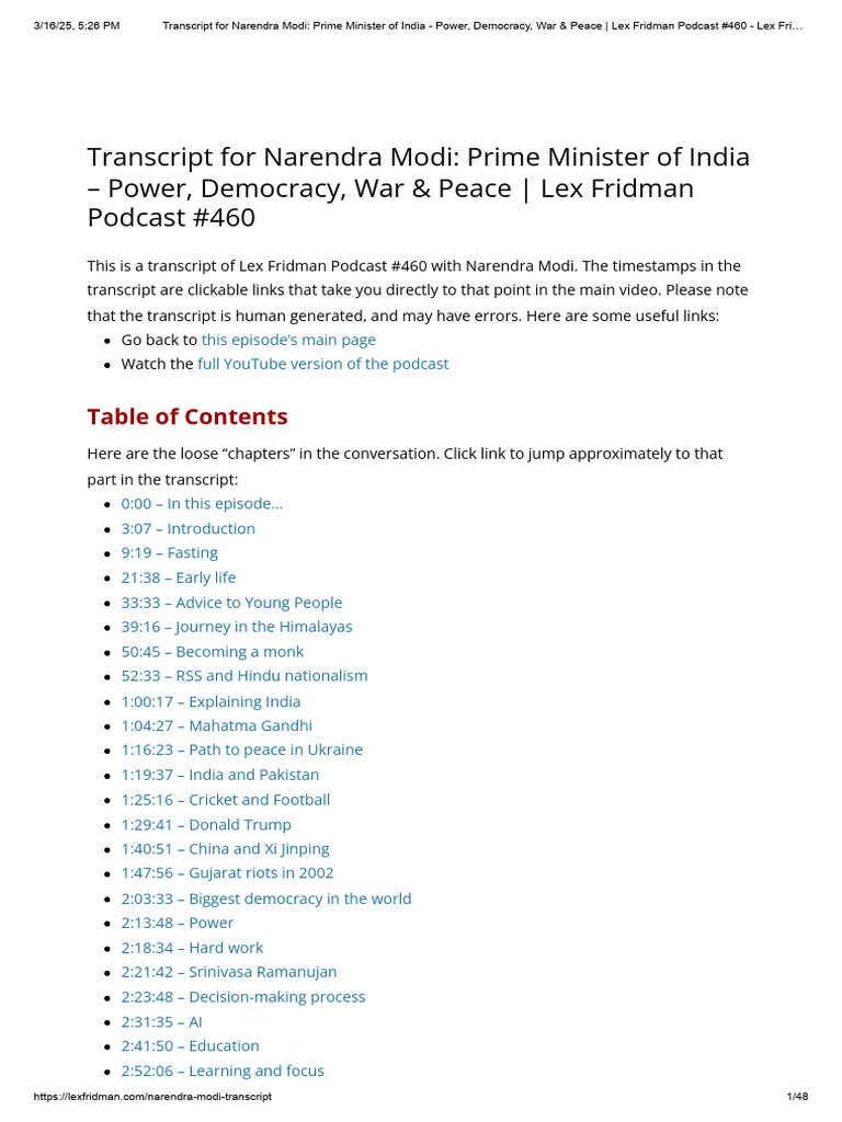 Transcript For Narendra Modi - Prime Minister of India - Power, Democracy, War & Peace - Lex ...