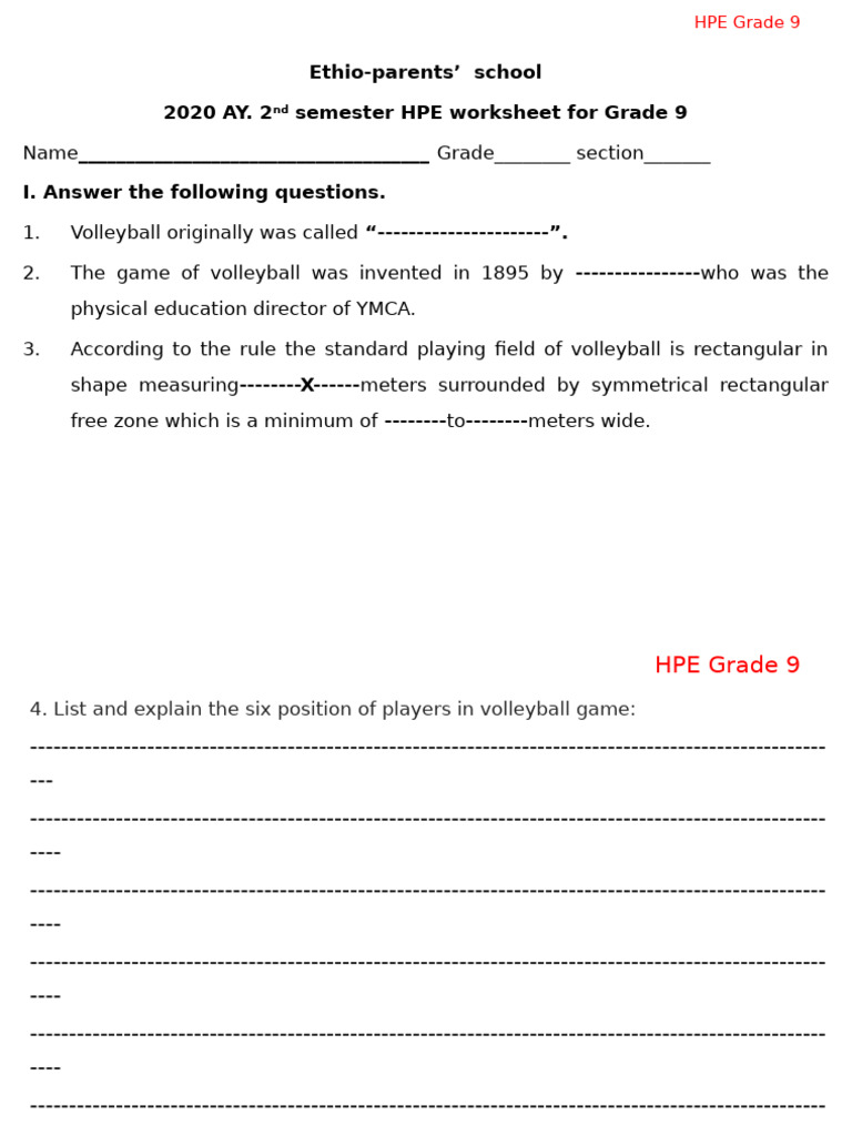 Grade 9 HPE G 9 Worksheet | PDF | Volleyball | Athletic Sports