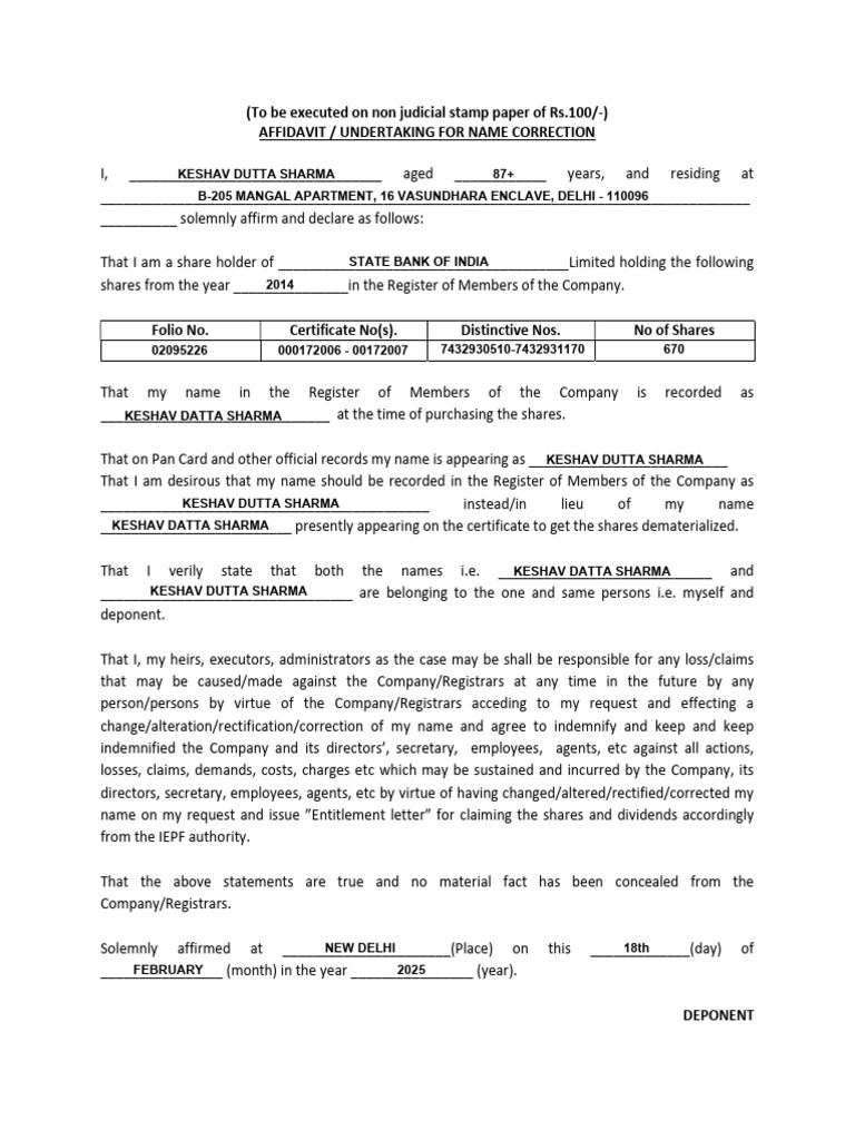 Name Correction Affidavit Template | PDF | Affidavit