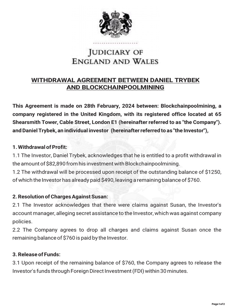 Withdrawal Agreement with Blockchainpoolmining | PDF