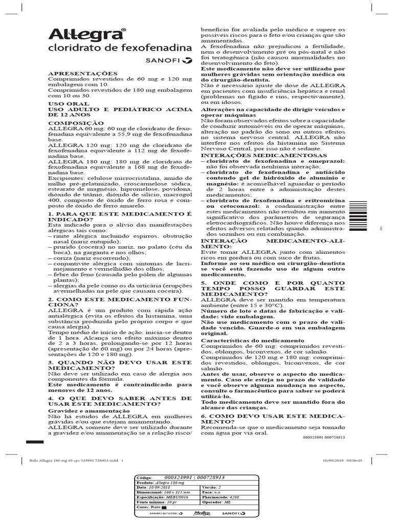 Antialergico Allegra 180mg Sanofi 10 Comprimidos | PDF | Alergia | Medicina Clínica