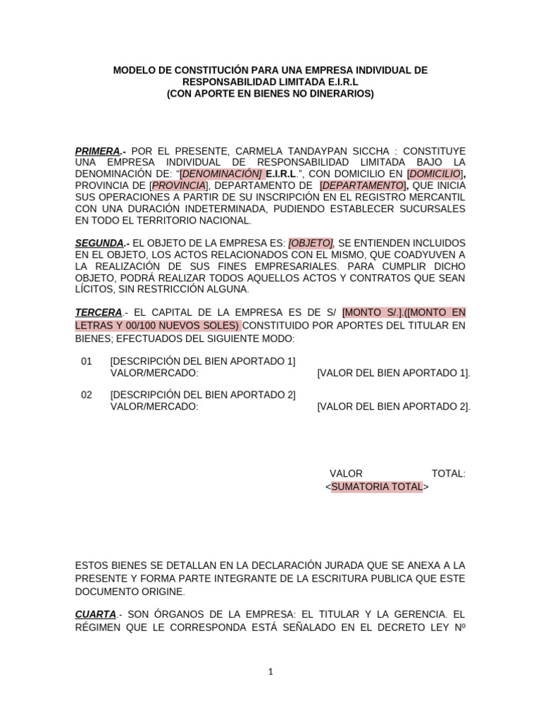 Formato de Minuta de Constitución de EIRL Con Aporte en Bienes No Dinerarios | PDF | Contabilidad
