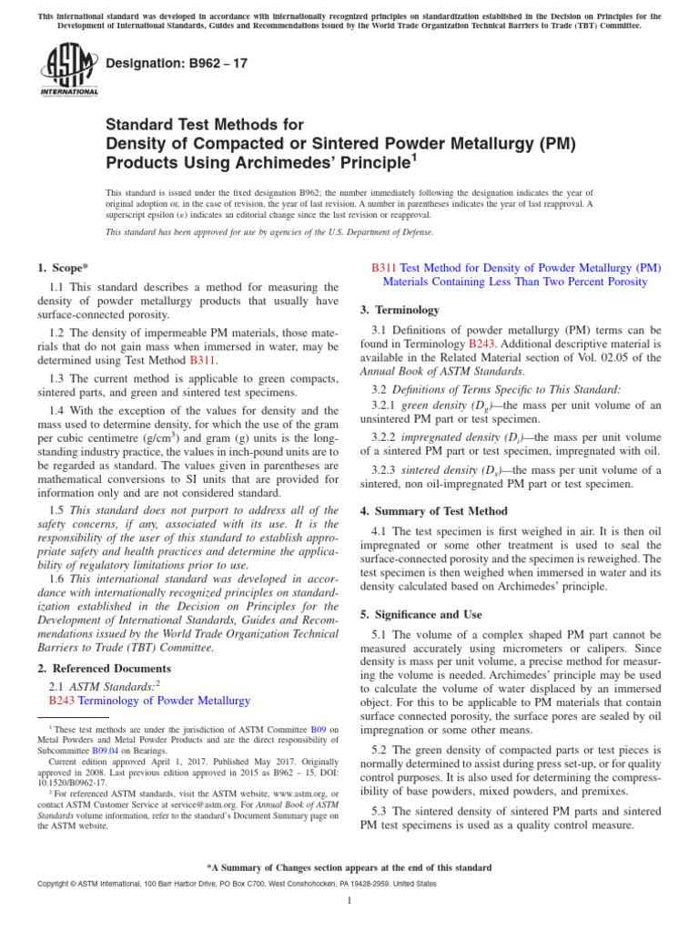 B962-17 Standard Test Methods For Density of Compacted or Sintered ...
