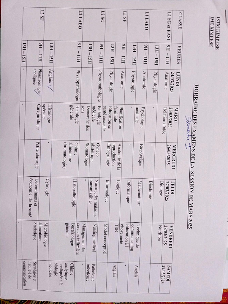 Horaires SEMESTRE I - Mars 2025 | PDF