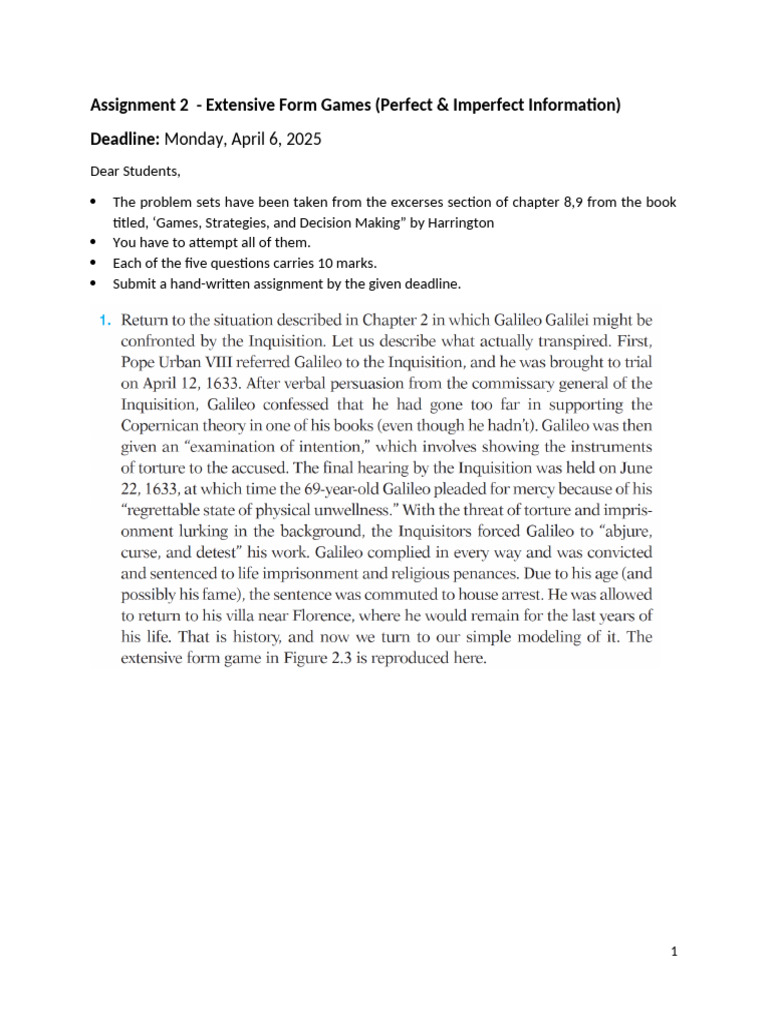 Assignment 2 - Extensive Form Games | PDF